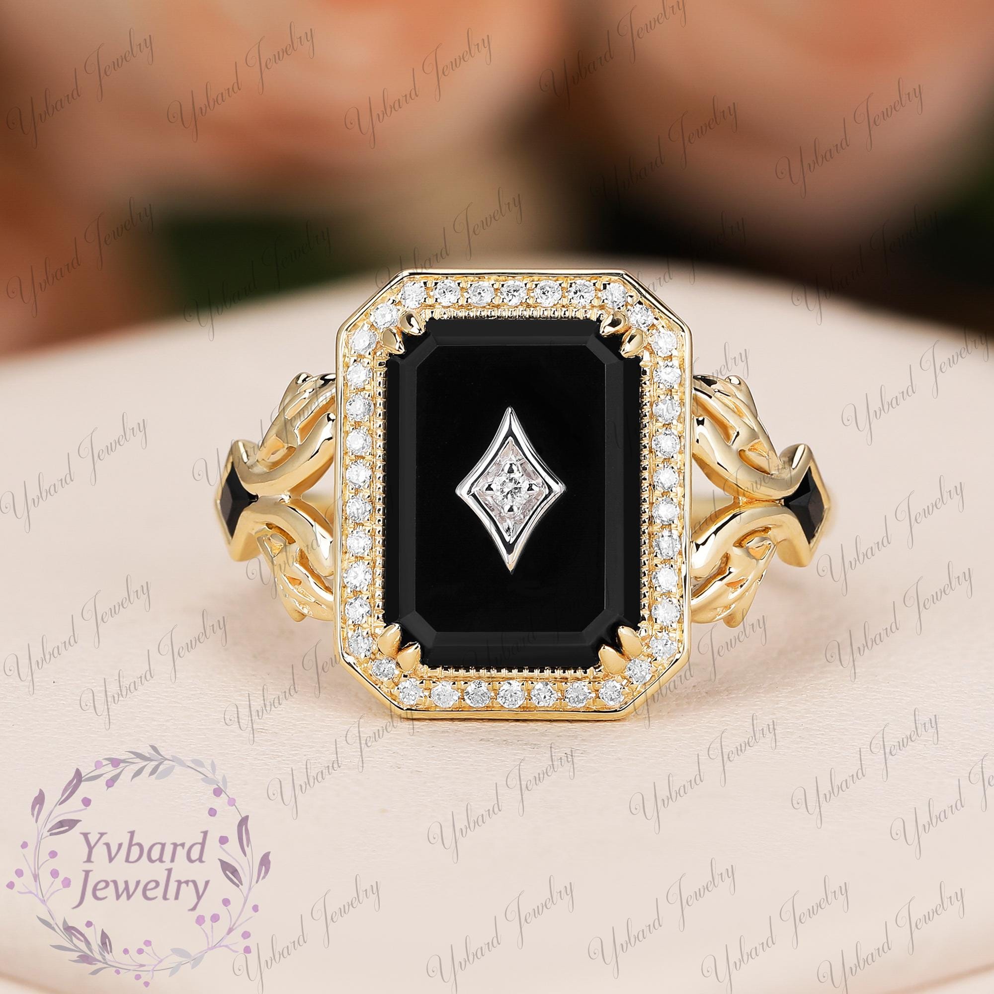 Natural Black Onyx Real Diamond Ring Solid 18K/14K/10K Two Tone Gold ...