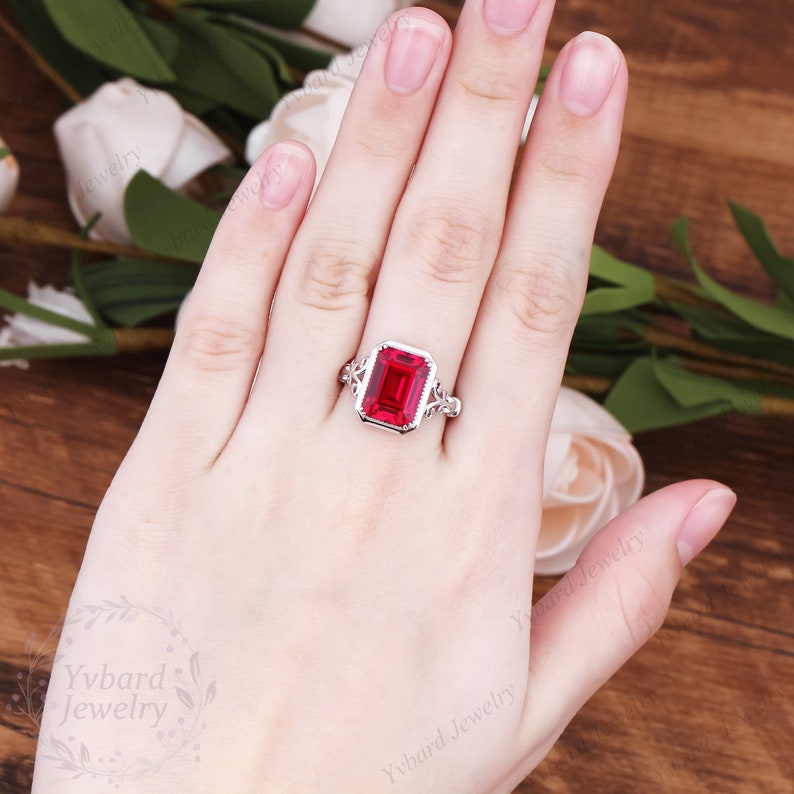 Vintage Red Ruby Engagement Ring Emerald Cut Solitaire Ring - Etsy