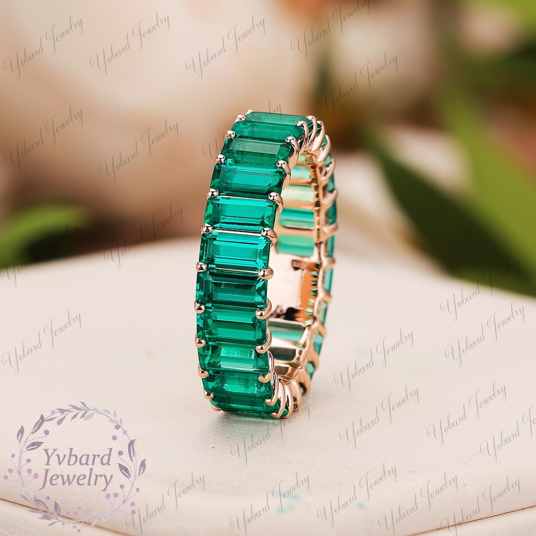 Emerald Cut Green Emerald Full Eternity Band 14K Yellow Gold Wedding ...