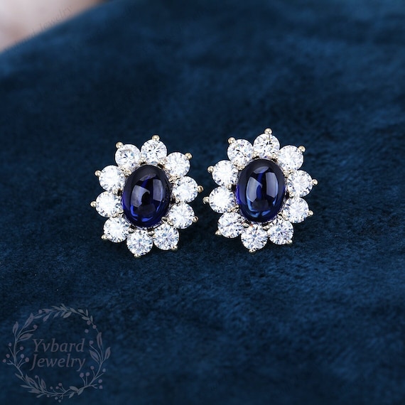 Solid 18K 14K 10K Yellow Gold Sapphire Earrings 79mm Oval Cabochon Shape Lab Created Blue Sapphire Stud Earrings Cluster Bridal Earrings Etsy