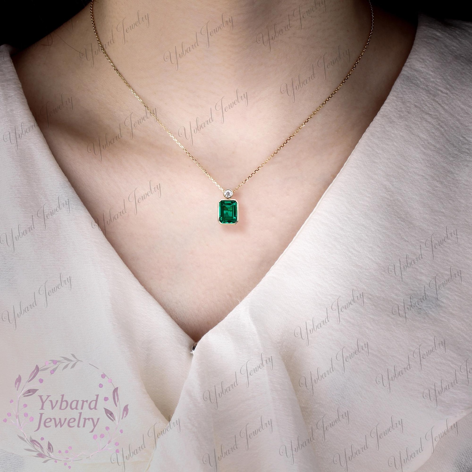 Emerald Cut Emerald Pendant Necklace Solid 14K Yellow Gold Gemstone ...