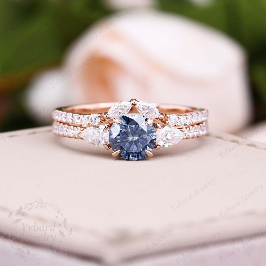 Vintage Blue Grey Moissanite Engagement Ring Set Solid 14K Rose Gold ...