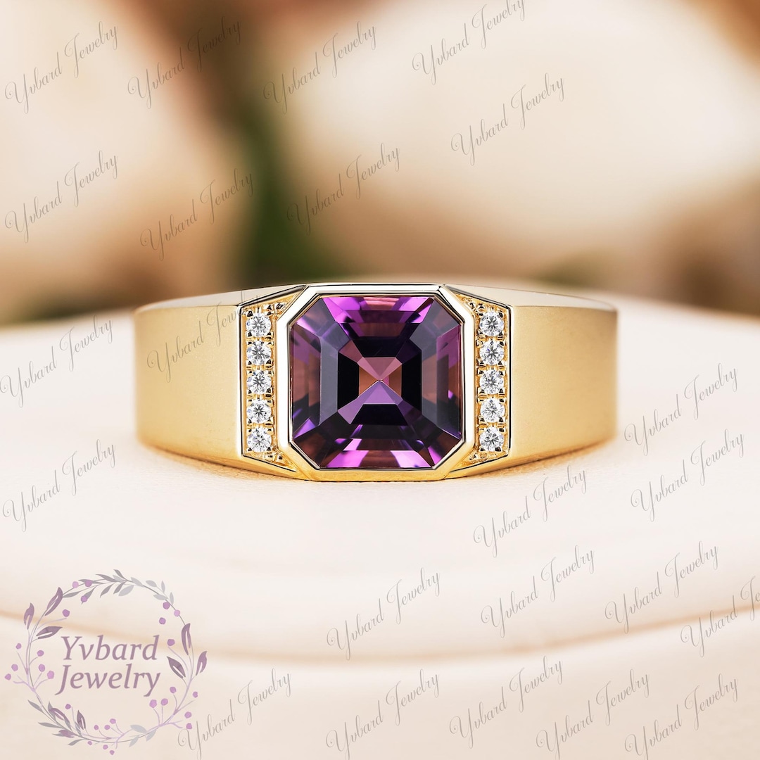 18K/14K/10K Solid Yellow Gold Natural Amethyst Rings for Men Gold Ring Statement Rings ...