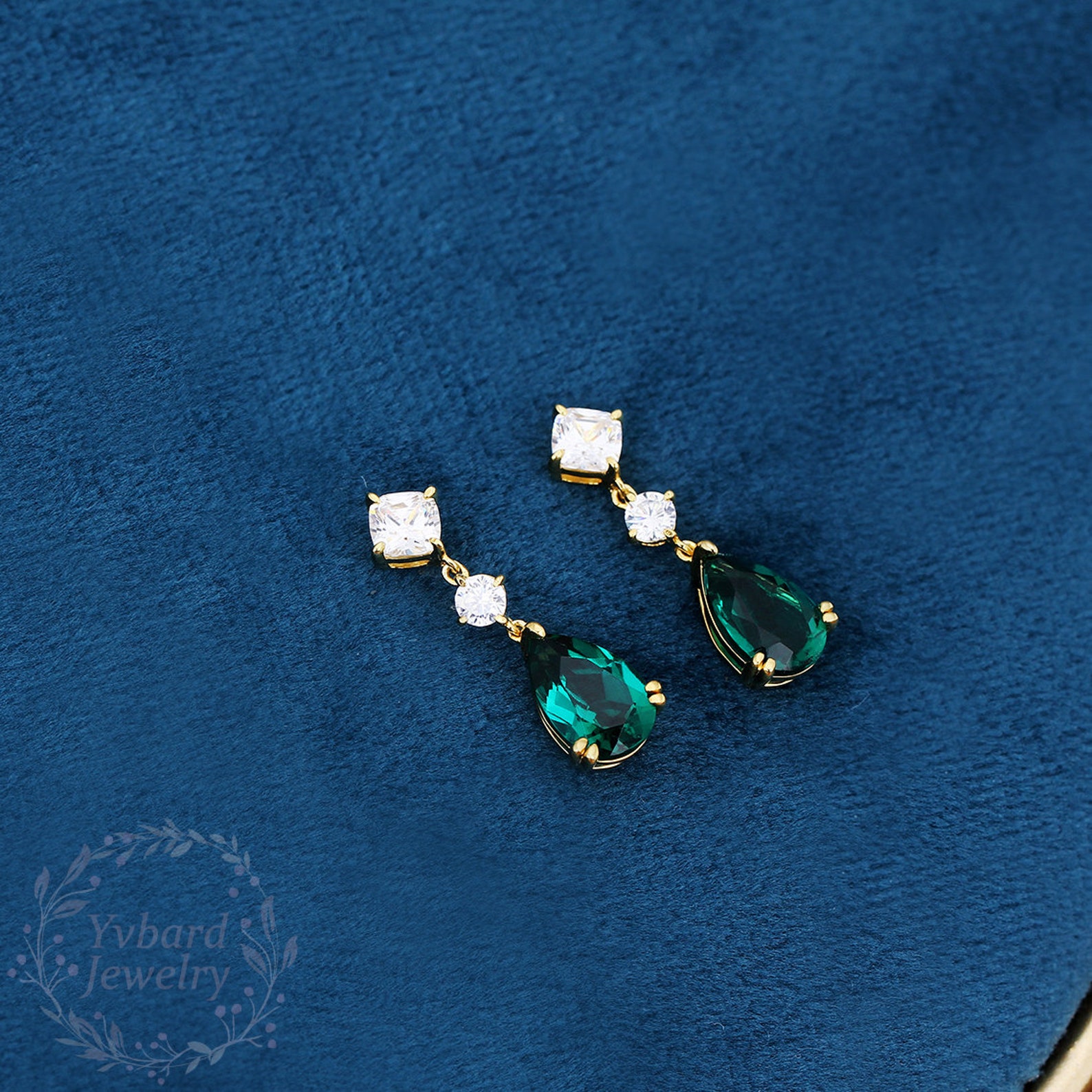 Solid 14K/18K Gold Drop Earrings Teardrop Green Emerald | Etsy