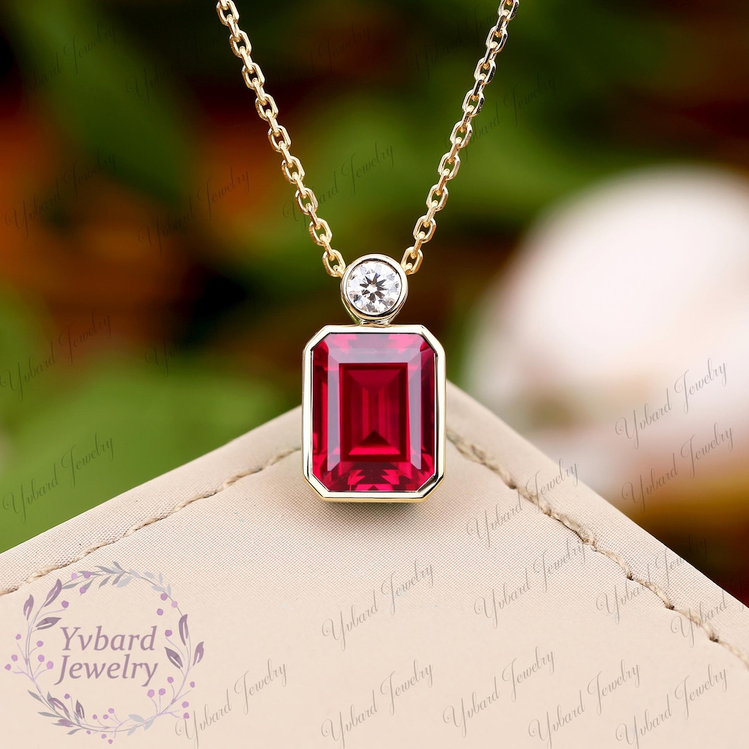 Emerald Cut 3CT Red Ruby Pendant Necklace Solid 14K Yellow Gold ...