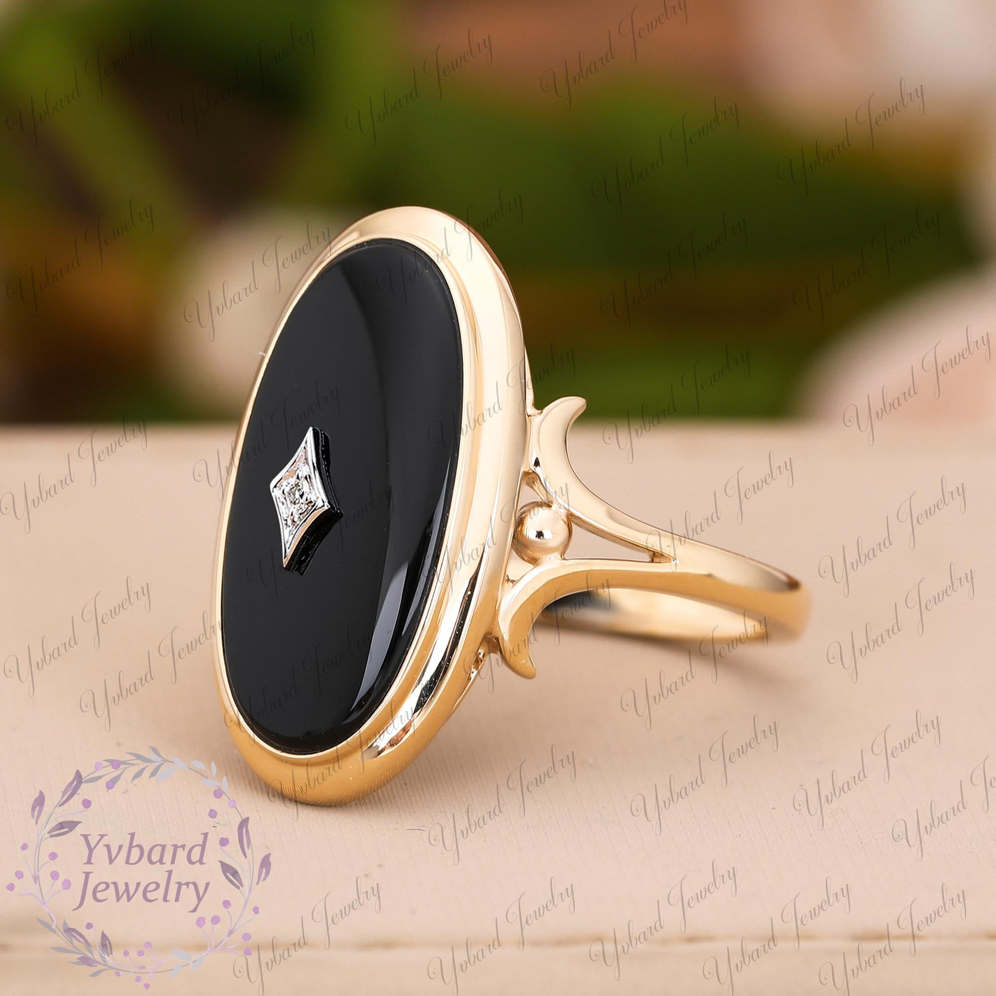 Natural Black Onyx Ring Real Diamond Ring Yellow Gold Statement Ring ...