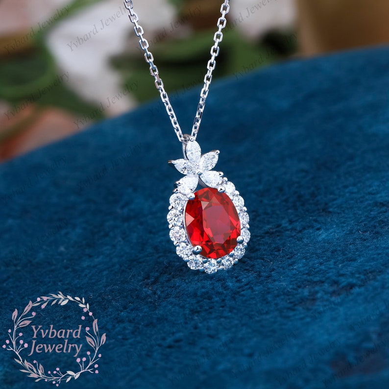 Solid 14K Gold Ruby Necklace, Moissanite Halo Necklace, Ruby Gemstone ...