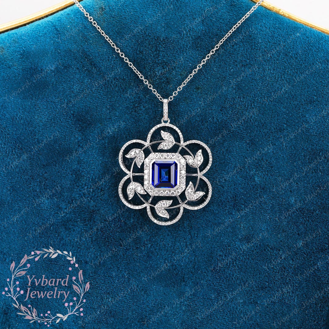 Emerald Cut Blue Sapphire Pendant Necklace Solid 10K/14K/18K White Gold ...