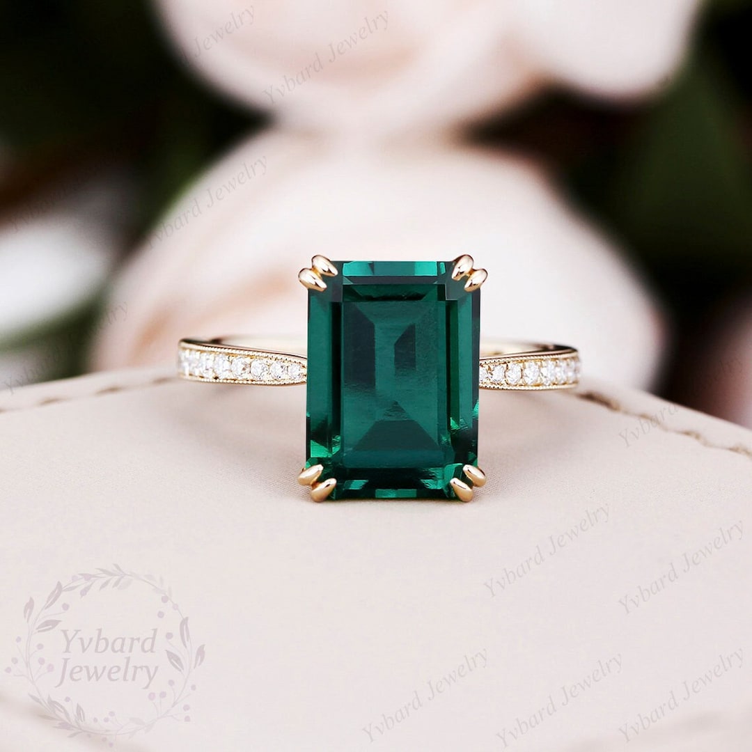 8*11mm Emerald Cut Lab Created Emerald Ring Solid Yellow Gold ...