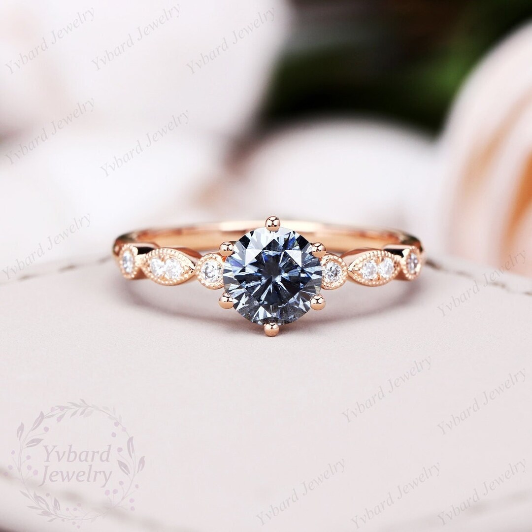 Vintage Blue-grey Moissanite Engagement Ring 10K/14K/18K Solid Rose ...