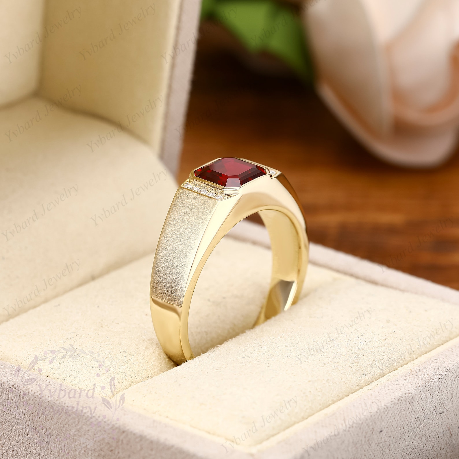 18K/14K/10K Solid Yellow Gold Lab Created Ruby Ring for Men Gold Band ...