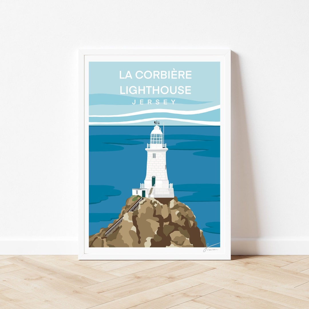 La Corbière Lighthouse Jersey Travel Poster Seaside St. Brélade Print Home Wall Art Print Beach ...