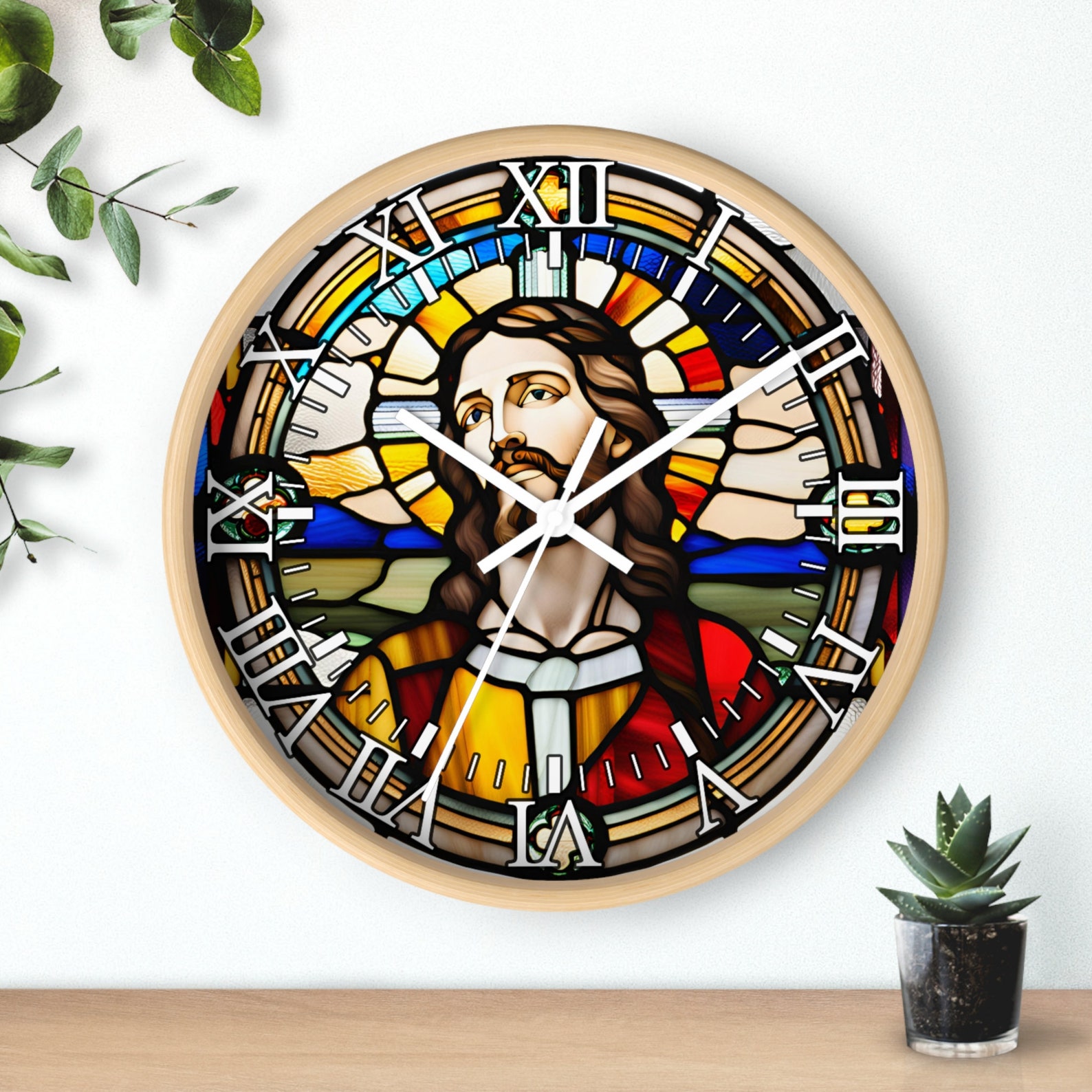 Stained Glass Jesus Wall Clock, Jesus Faux Stained Glass Printed Wall ...