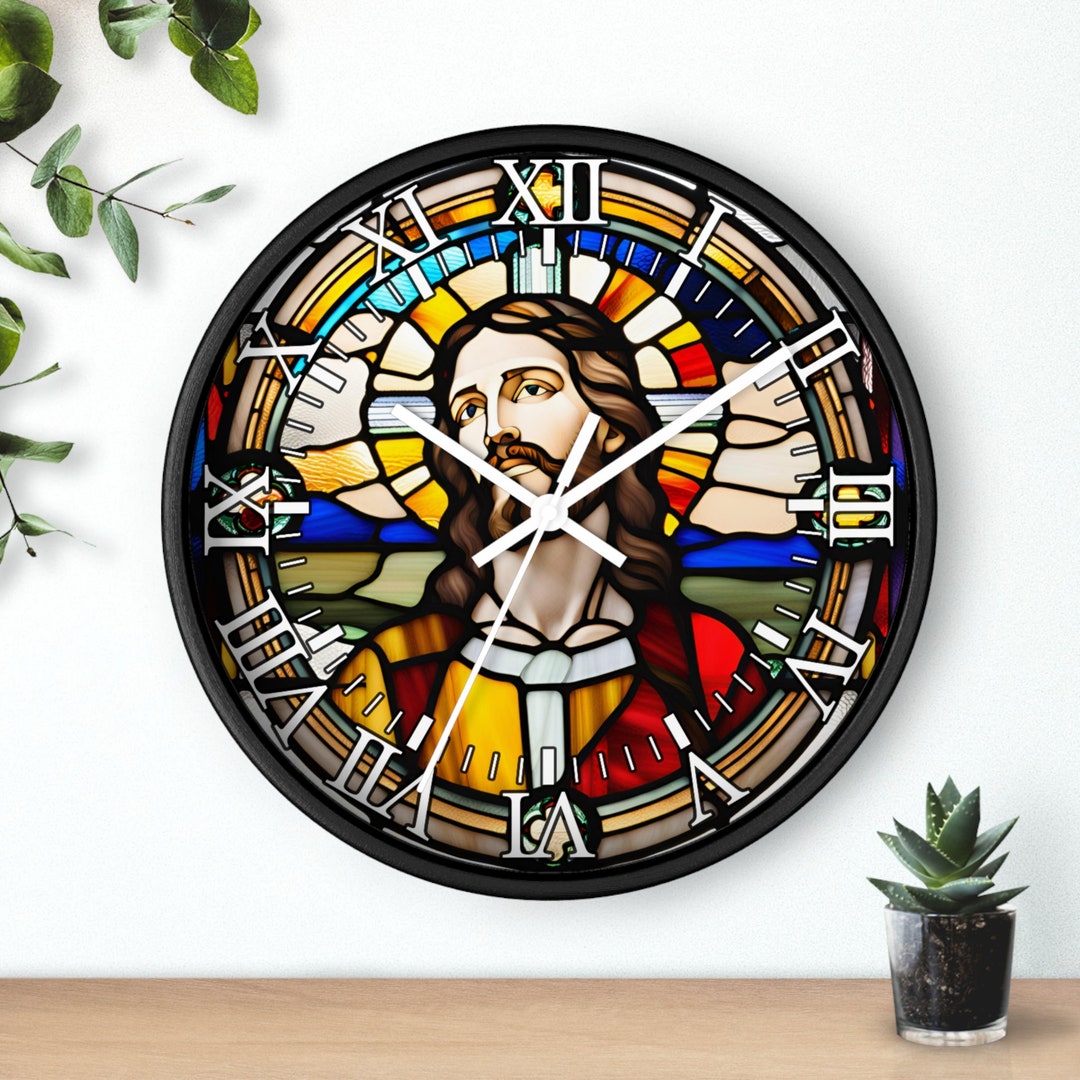Stained Glass Jesus Wall Clock, Jesus Faux Stained Glass Printed Wall ...