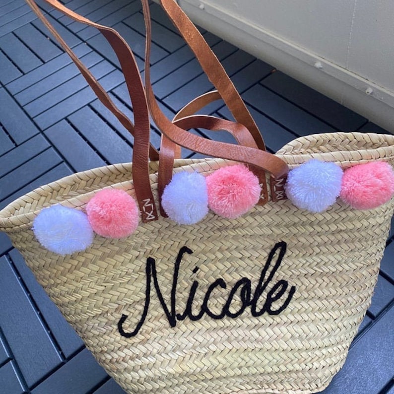 Handmade Moroccan Straw Basket, Long Leather Handles, French Market Bag ...