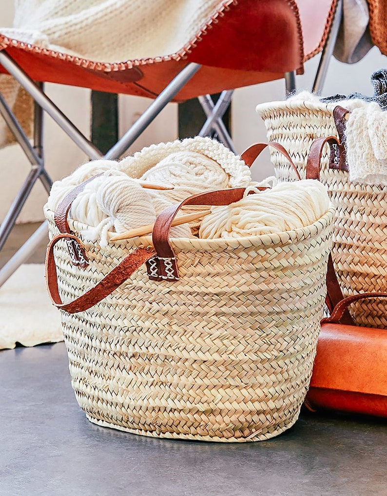 Handmade Moroccan Straw Basket, Long Leather Handles, French Market Bag ...