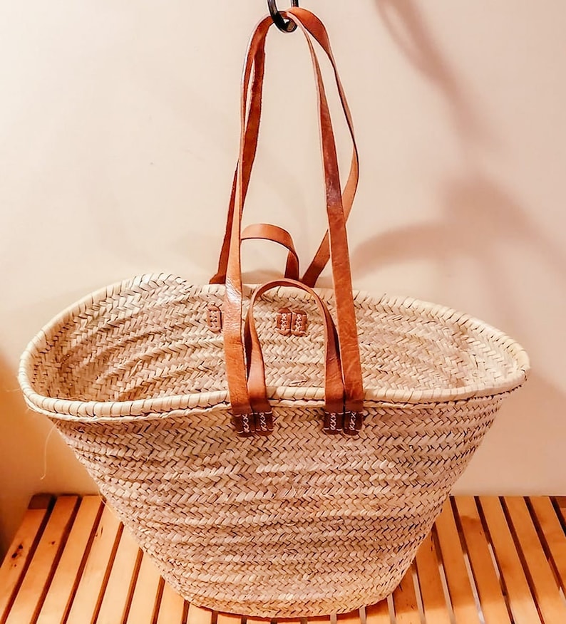 Handmade Moroccan Straw Basket, Long Leather Handles, French Market Bag ...