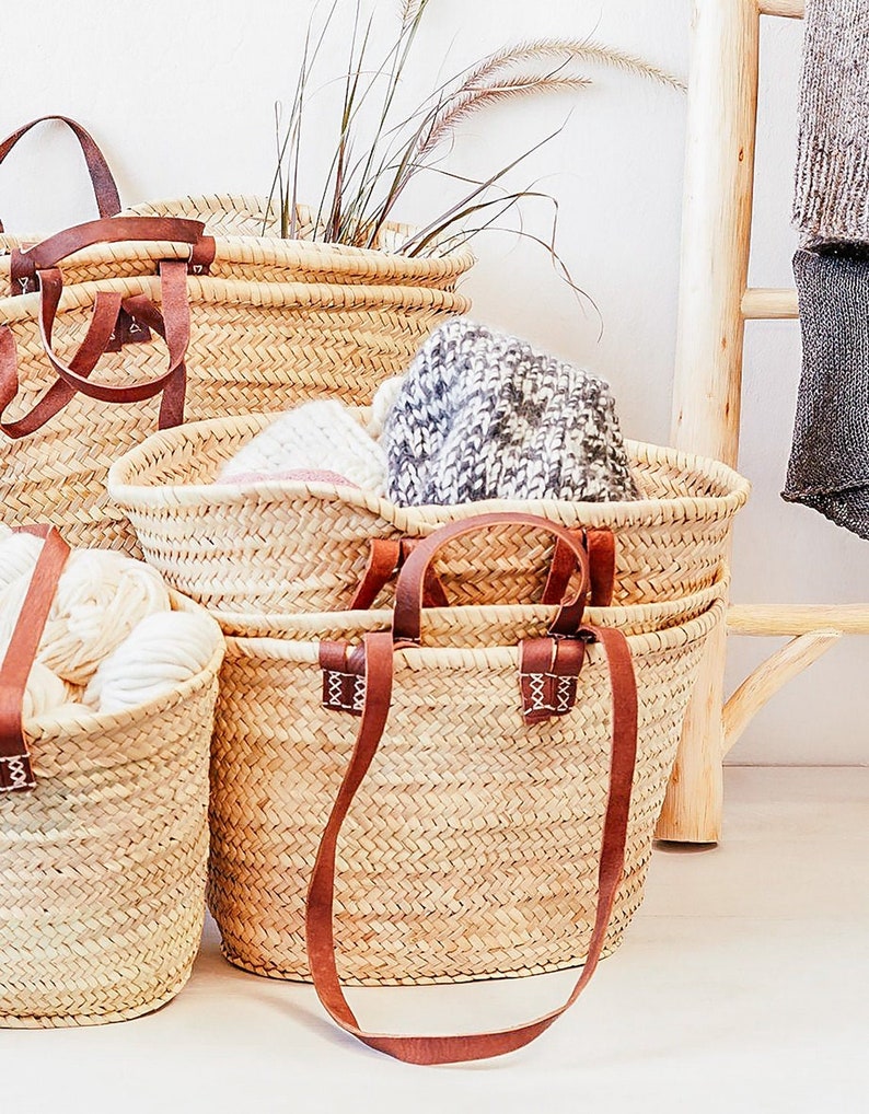 Handmade Moroccan Straw Basket, Long Leather Handles, French Market Bag ...