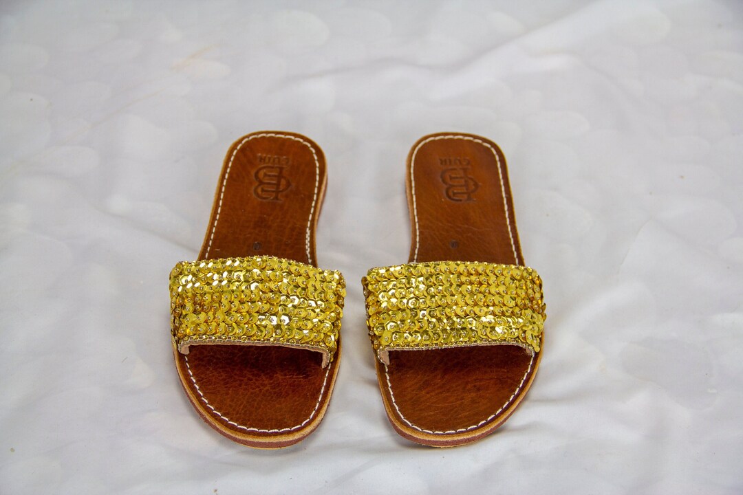 Womens Leather Gold Sequin Sandals 100% Natural Leather Handmade ...