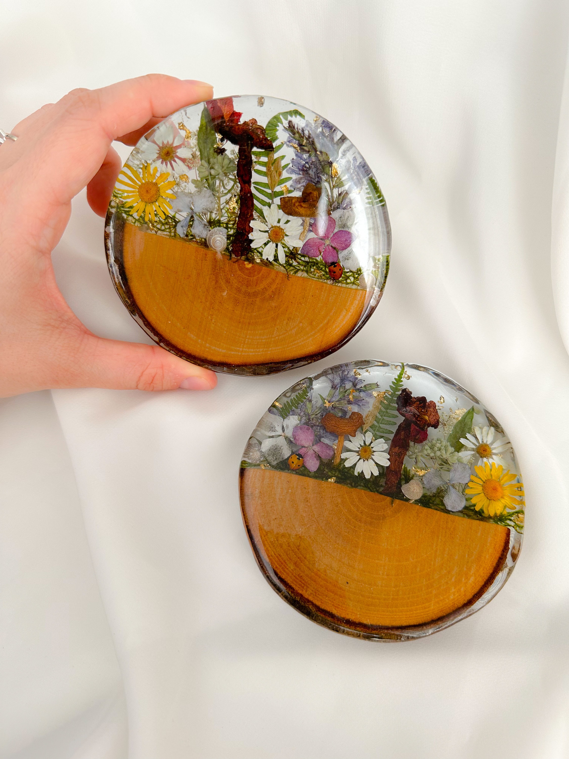 Pressed Flower Mushroom & Wood Resin Coasters, Botanical Art ...
