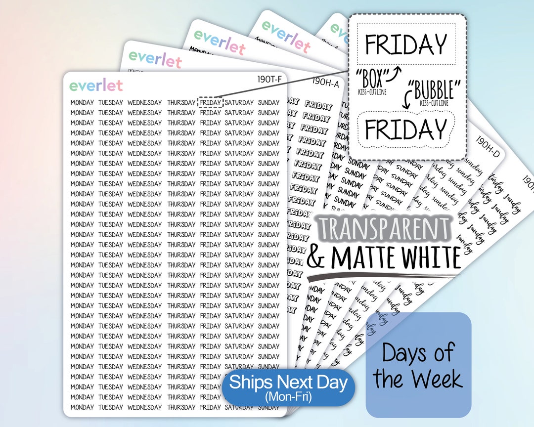Days of the Week Planner Stickers, Highlighting Transparent and Matte ...