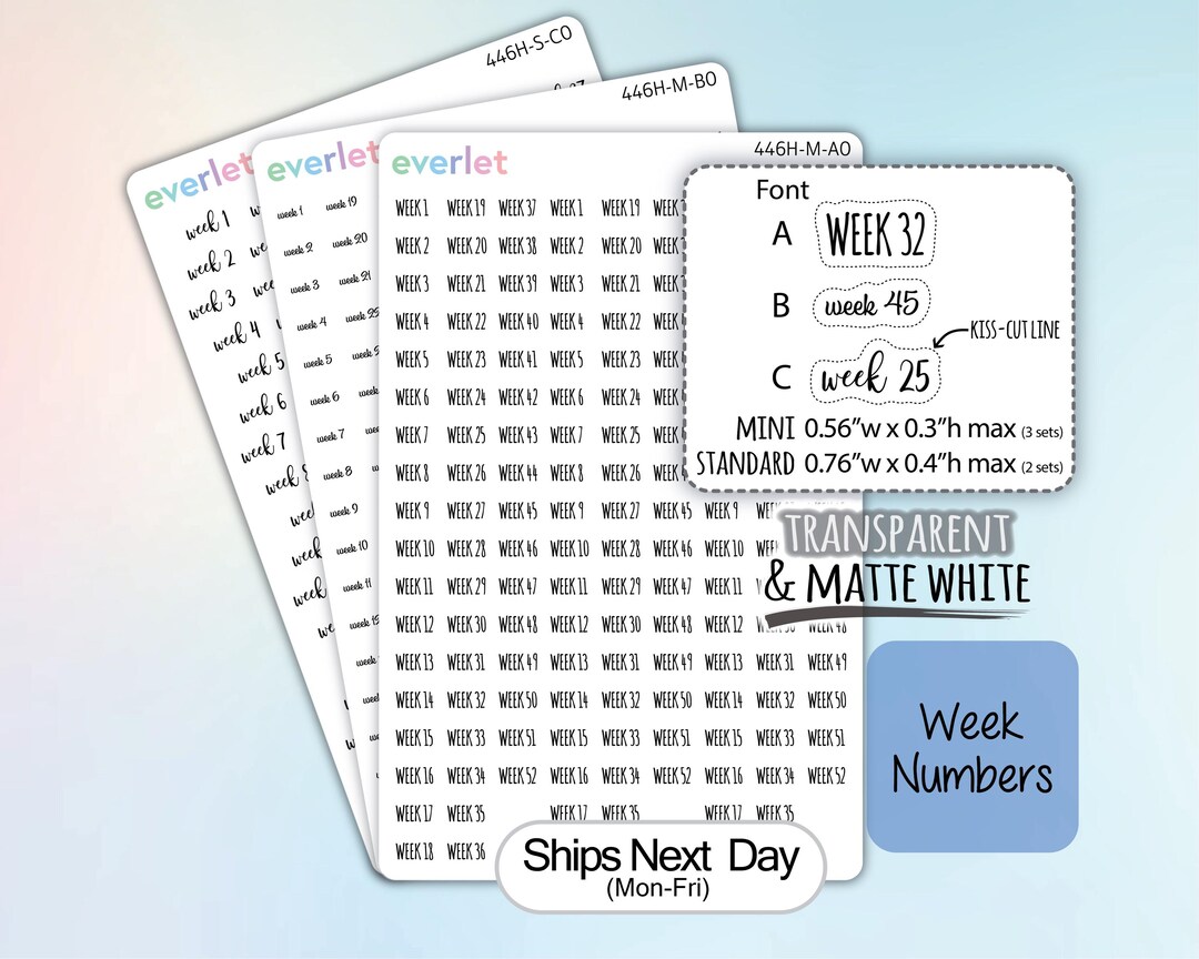 Weeks of the Year Numbered Planner Stickers, Highlighting Transparent ...