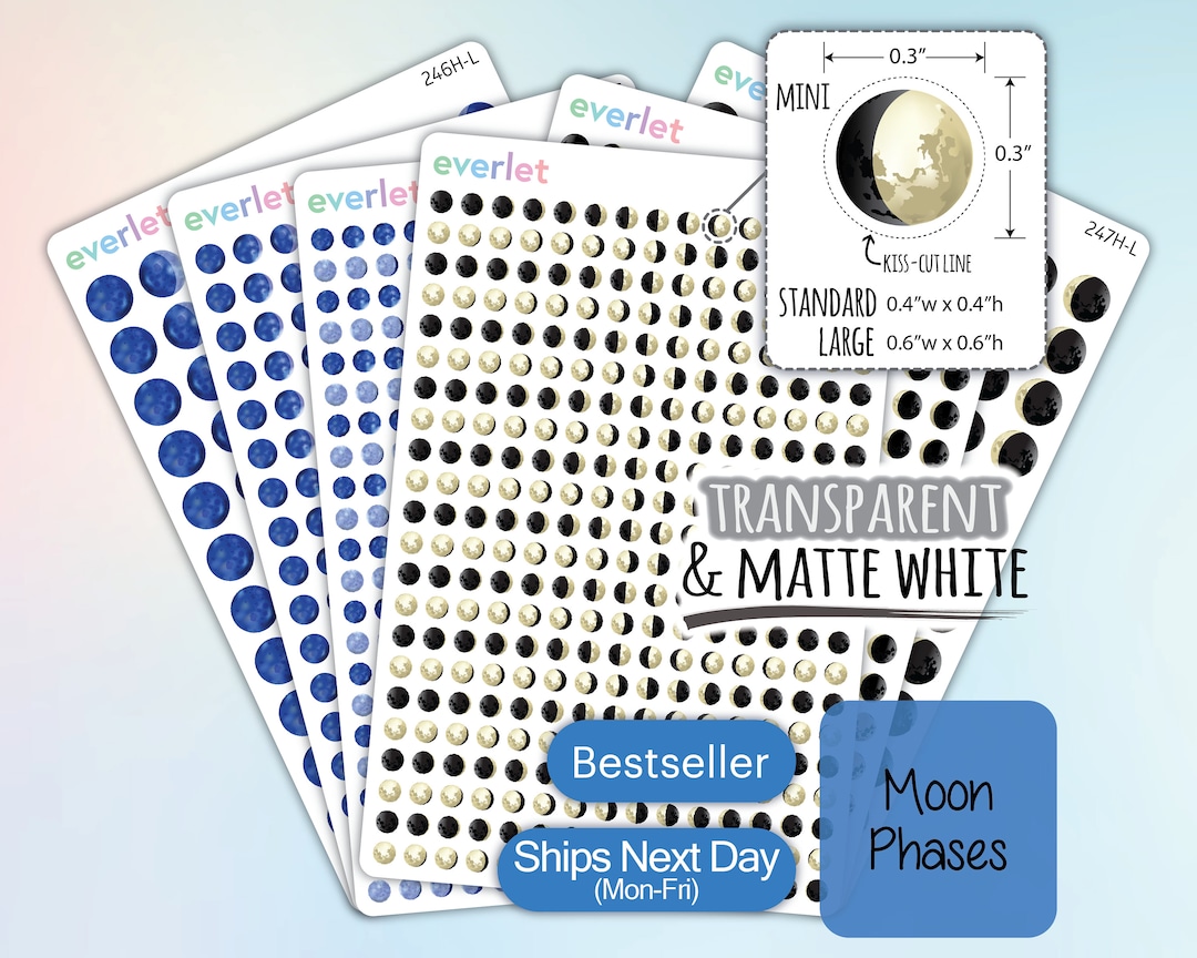 Moon Phases Planner Stickers, Moon Cycles, Highlighting Transparent and ...