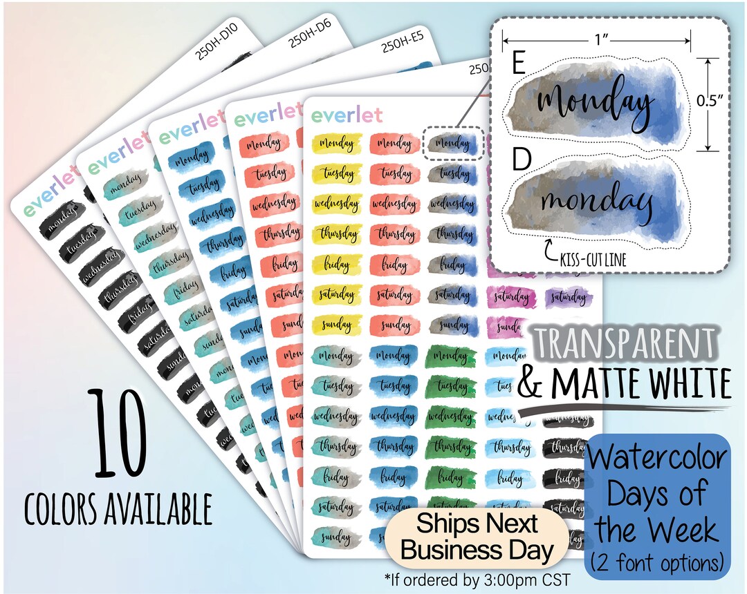 Watercolor Days of the Week Planner Stickers, Highlighting Transparent ...