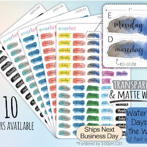 Watercolor Days of the Week Planner Stickers, Highlighting Transparent ...