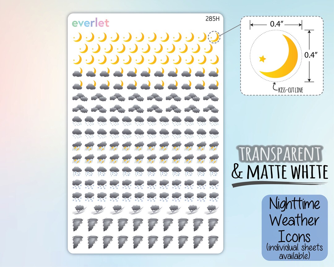 Nighttime Weather Icons Planner Stickers, Highlighting Transparent and ...