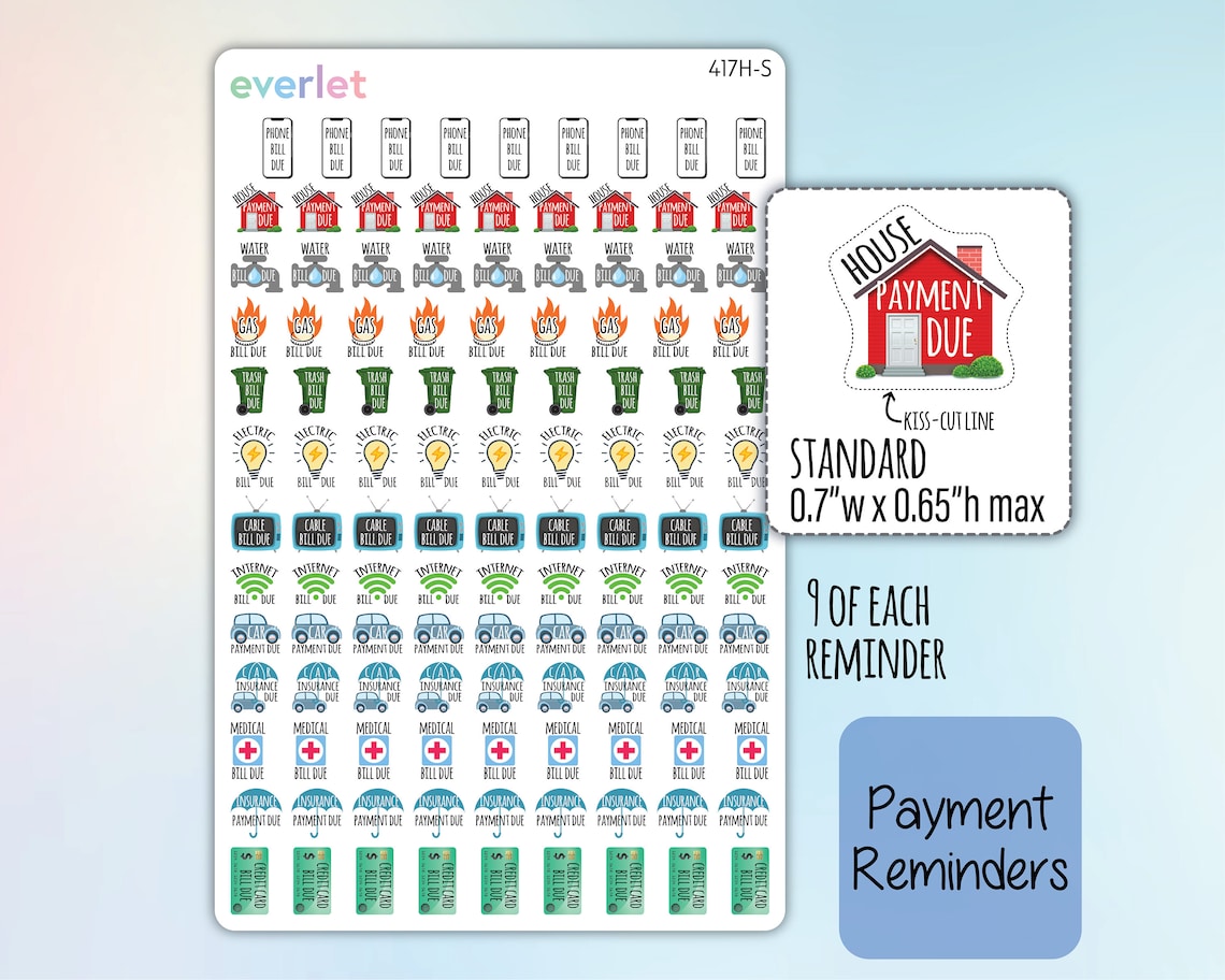 Bill Payment Reminders MINI and Standard Size Planner Stickers ...