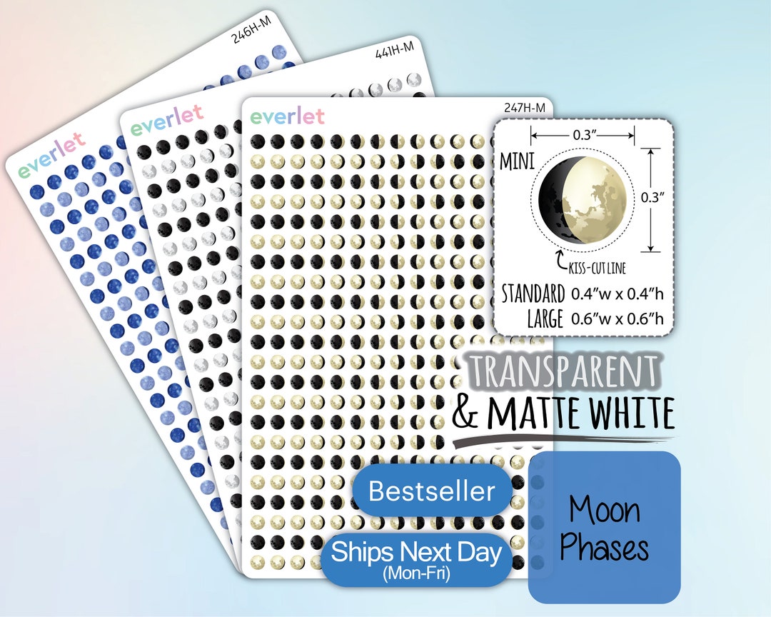 Moon Phases Planner Stickers, Moon Cycles, Highlighting Transparent and ...
