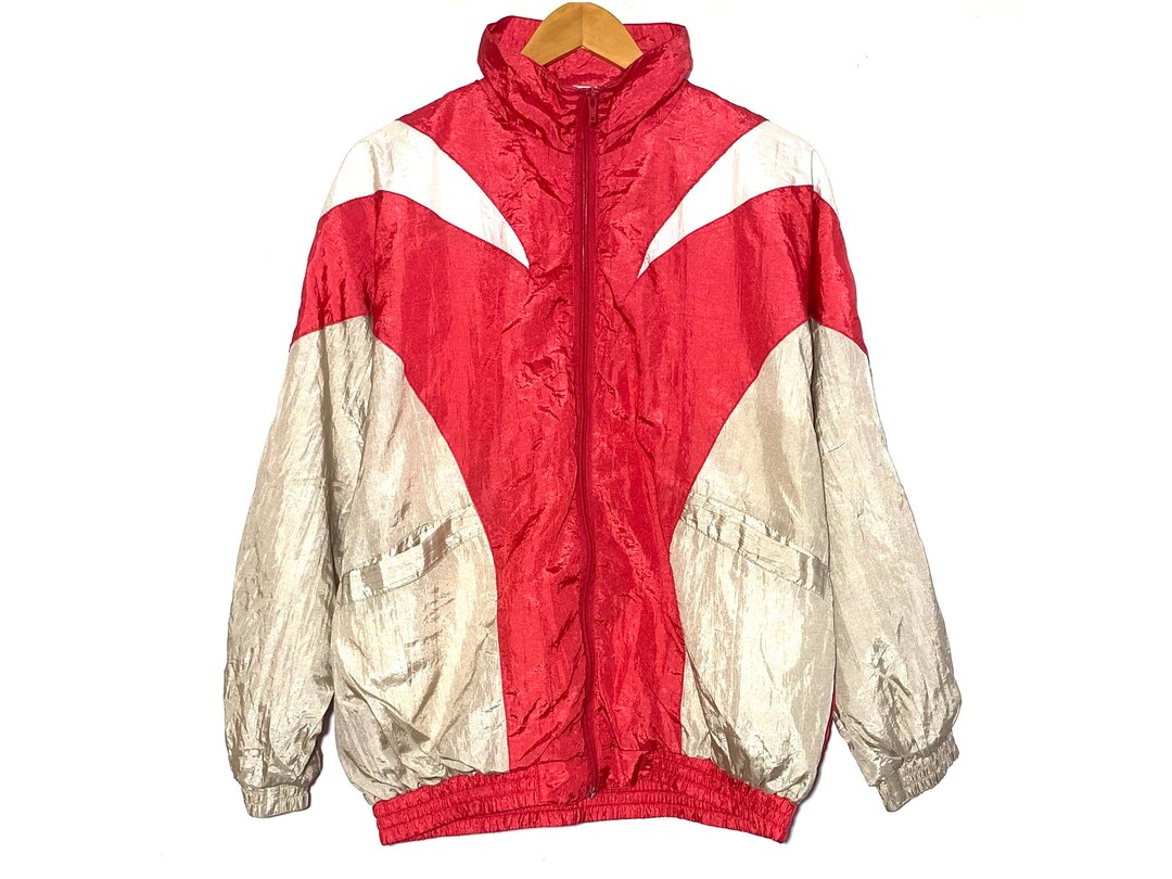 Vintage Track Jacket Red White Beige Tracksuit Top Polyamide Nylon Soft ...