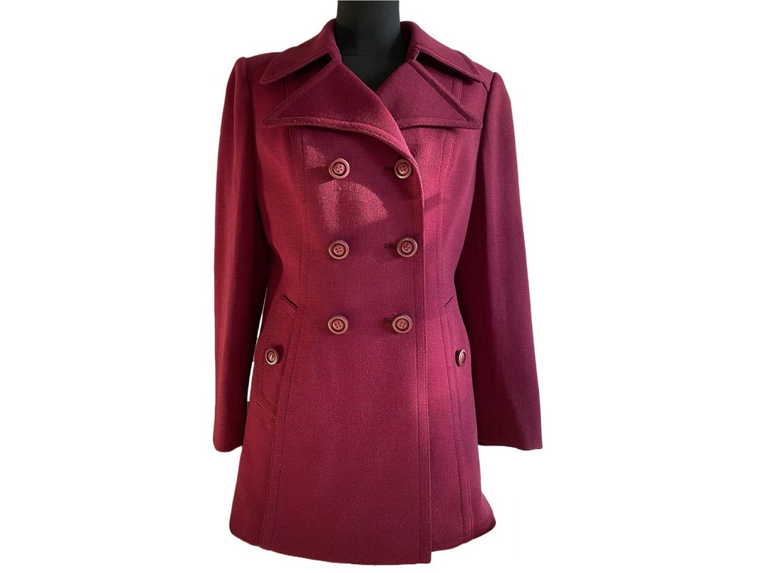 Vintage Pea Coat Wool Jacket 60s Burgundy Hipster Lined Blazer Jacket ...