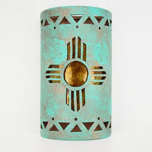 Southwestern Zia Sun Tribal Drum Wall Sconce Amber Mica Raw