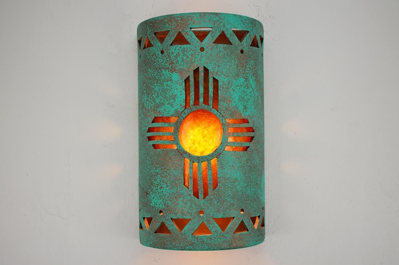 Southwestern Zia Sun Tribal Drum Wall Sconce Amber Mica Raw