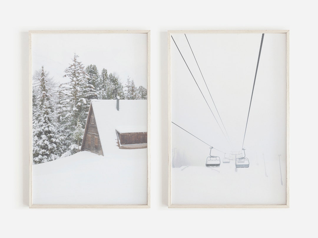 Rustic Print Set, Cabin Digital Art, Ski Lift Photography, Snowy Winter ...