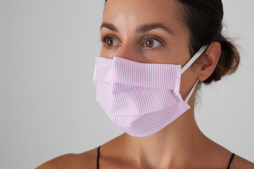 Pink/white Striped Face Mask Preppy Cotton Lightweight With Nose Wire ...