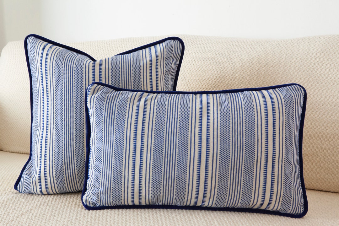 Natural White/blue Striped Cushion With Mustard Yellow Back and Blue ...