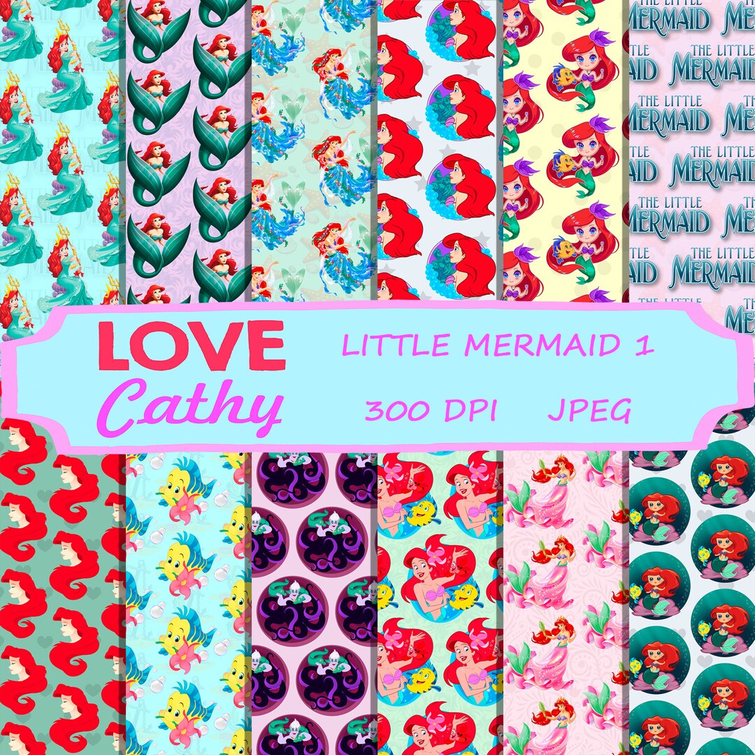 Little Mermaid 1, Ariel, Digital Paper, Vector .AI, JPEG, Printable ...