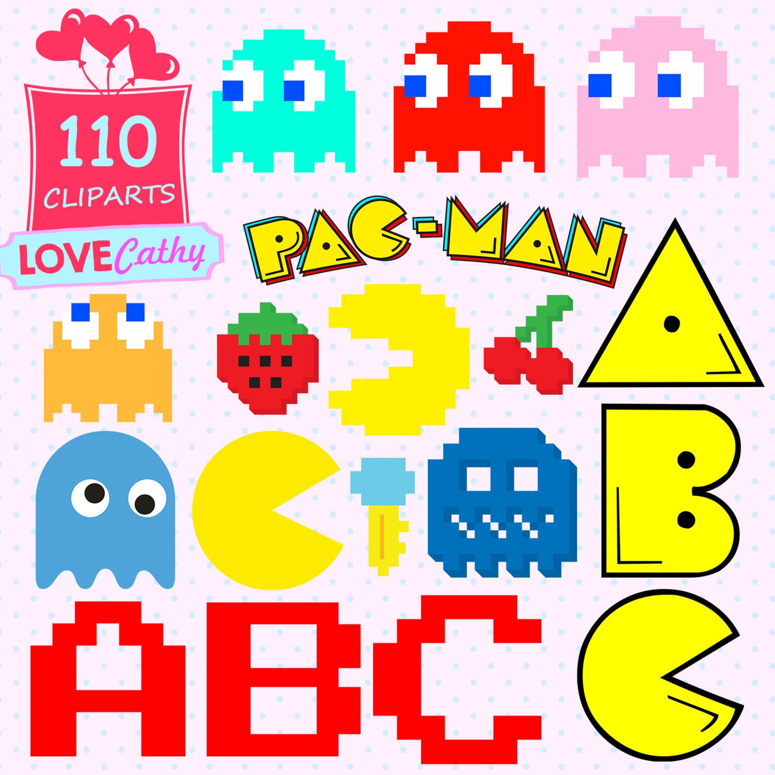 PacMan Font Vector Clipart Digital PNG Printable Party | Etsy