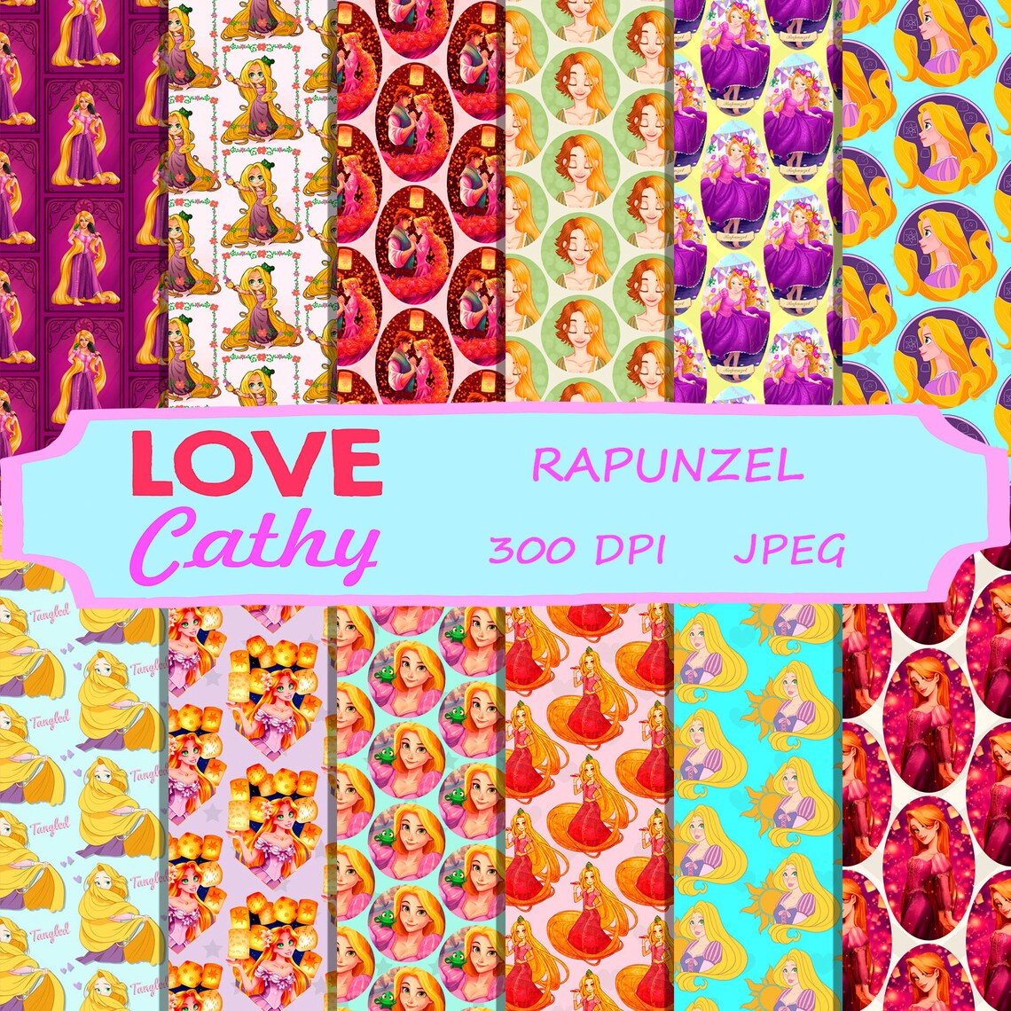 Tangled, Rapunzel, Digital Paper, Vector .AI, JPEG, Printable, Party ...