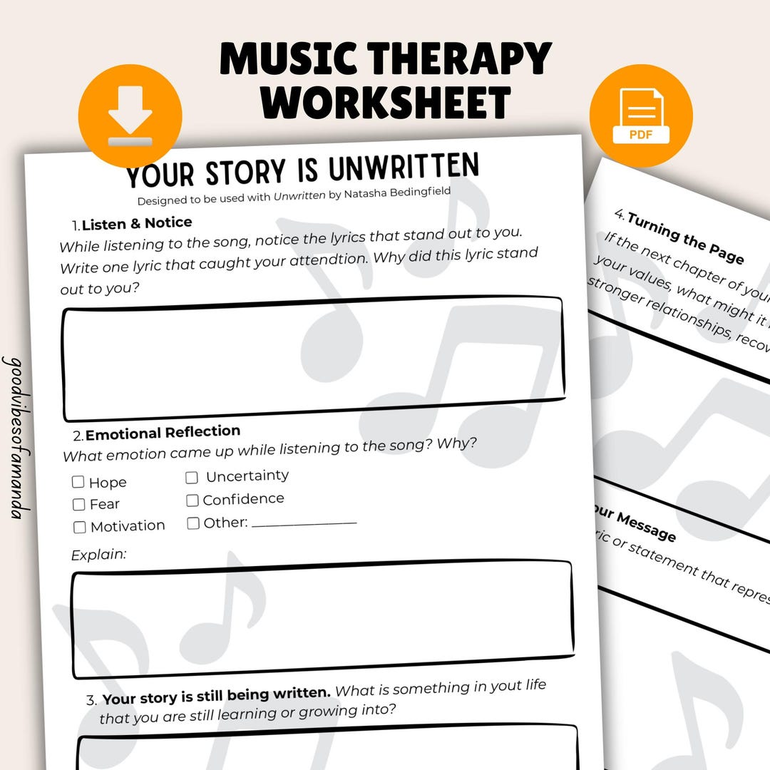 Music Therapy Worksheet | “your Story is Unwritten” Reflection - Etsy