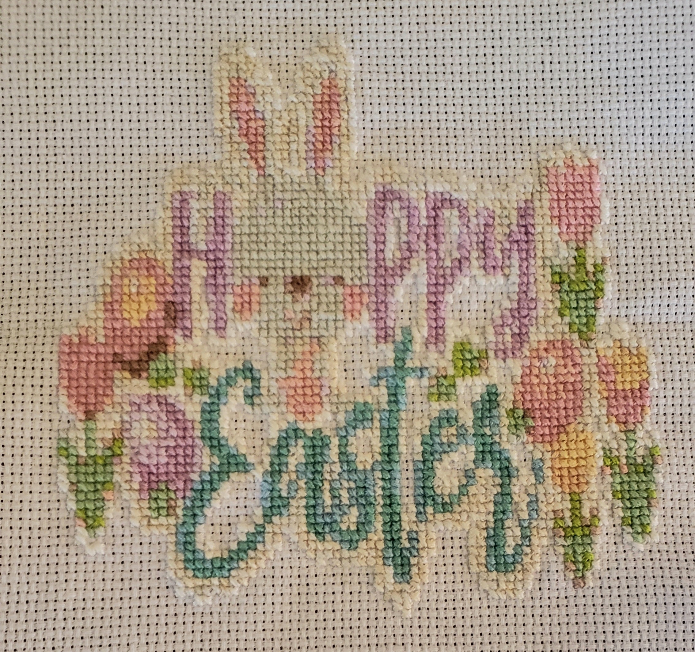 HAPPY EASTER Hand Stitched Cross Stitch Art Picture UNFRAMED Completed ...