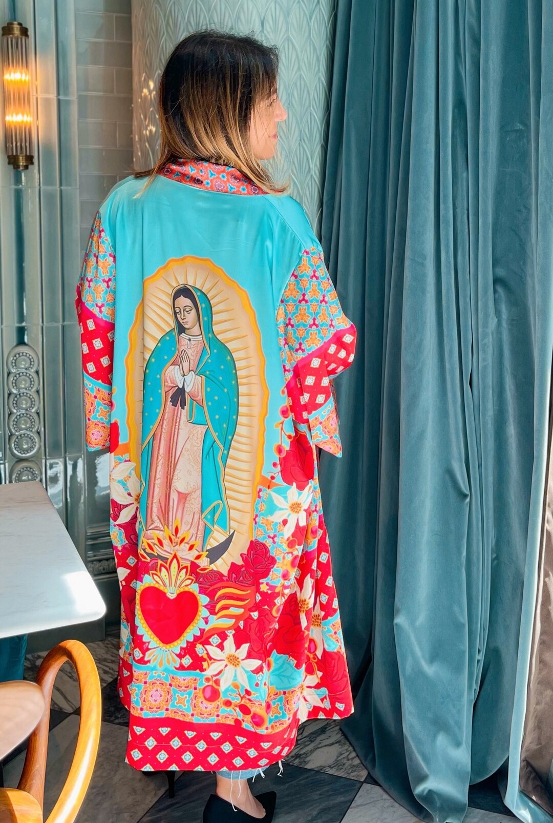Satin Kimono Robe Brightly Colored With Mexican Art Our Lady of ...