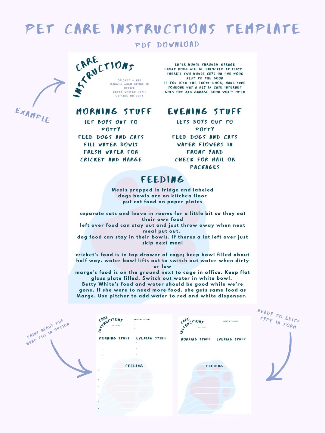 Pet Care Instruction Template- Pdf Download - Etsy