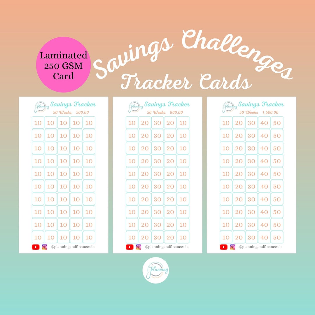 Savings Challenge Laminated A6 Tracker Cards, Simple White Savings ...
