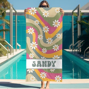 Floral Beach Towel, Retro Floral Beach Towel, Wavy Daisy Towel for ...