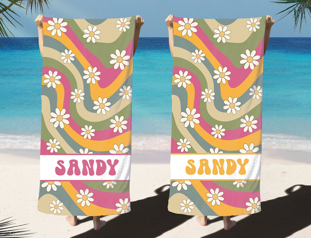 Floral Beach Towel, Retro Floral Beach Towel, Wavy Daisy Towel for ...