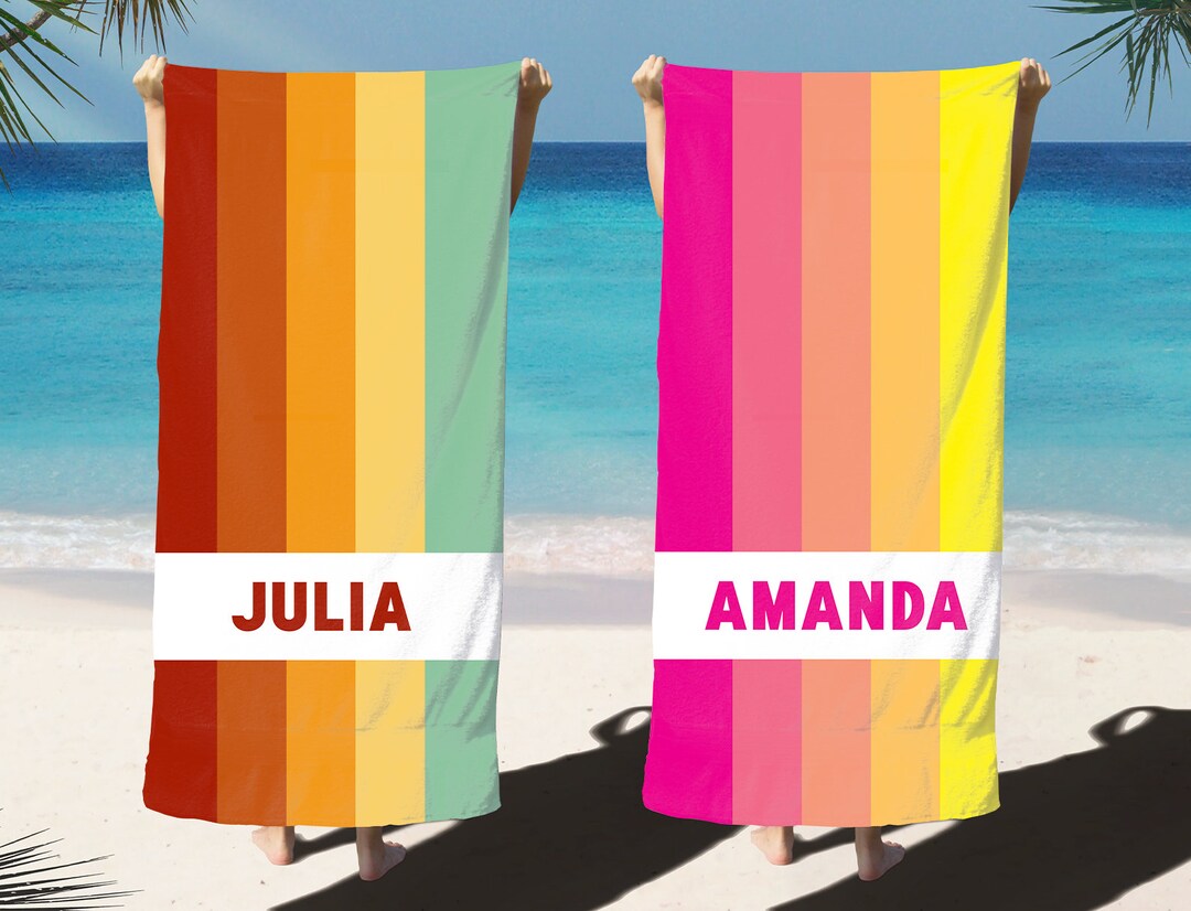 Retro Stripes Style Beach Towel, Personalized Bath Towel, Vacation ...